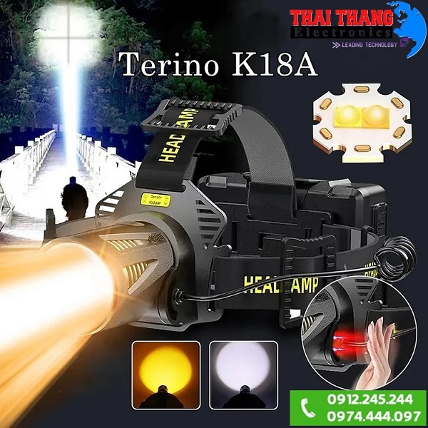 Đèn pin đeo đầu TERINO K18A chính hãng,2in1 ánh sáng vàng và trắng